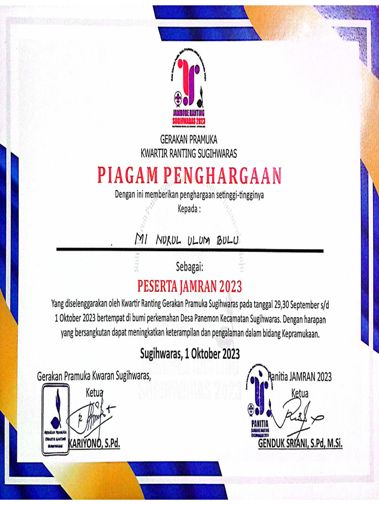 Sertifikat Jambore Ranting 2023 | PDF
