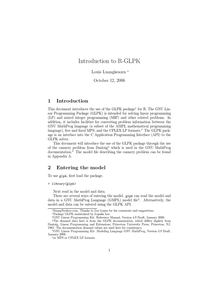Glpk Intro Pdf Linear Programming Mathematical Optimization