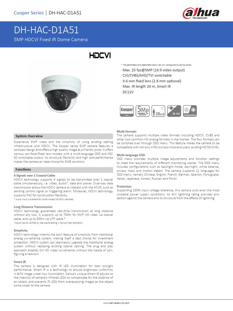 DH HAC D1A51 Datasheet 20200924 | PDF | Camera Lens | Camera