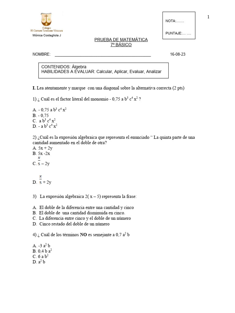PRUEBA 7° algebra | PDF | Matemáticas | Álgebra