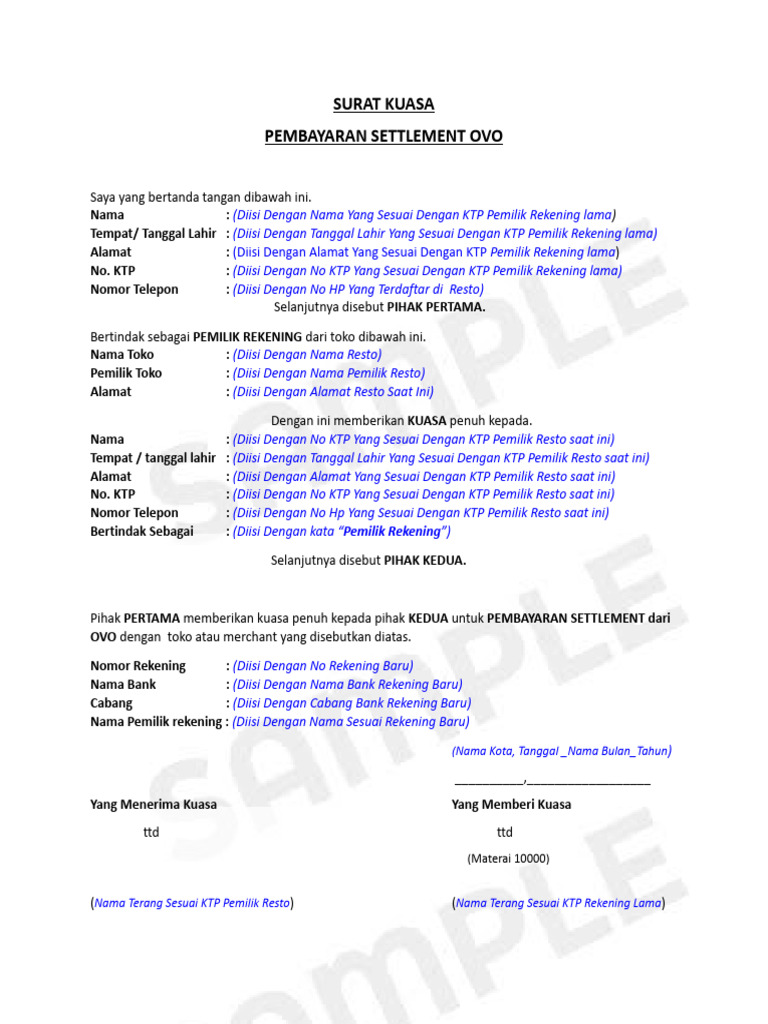 Panduan Pengisian Surat Kuasa Pemilik Rekening Baru (Pemilik Resto) | PDF