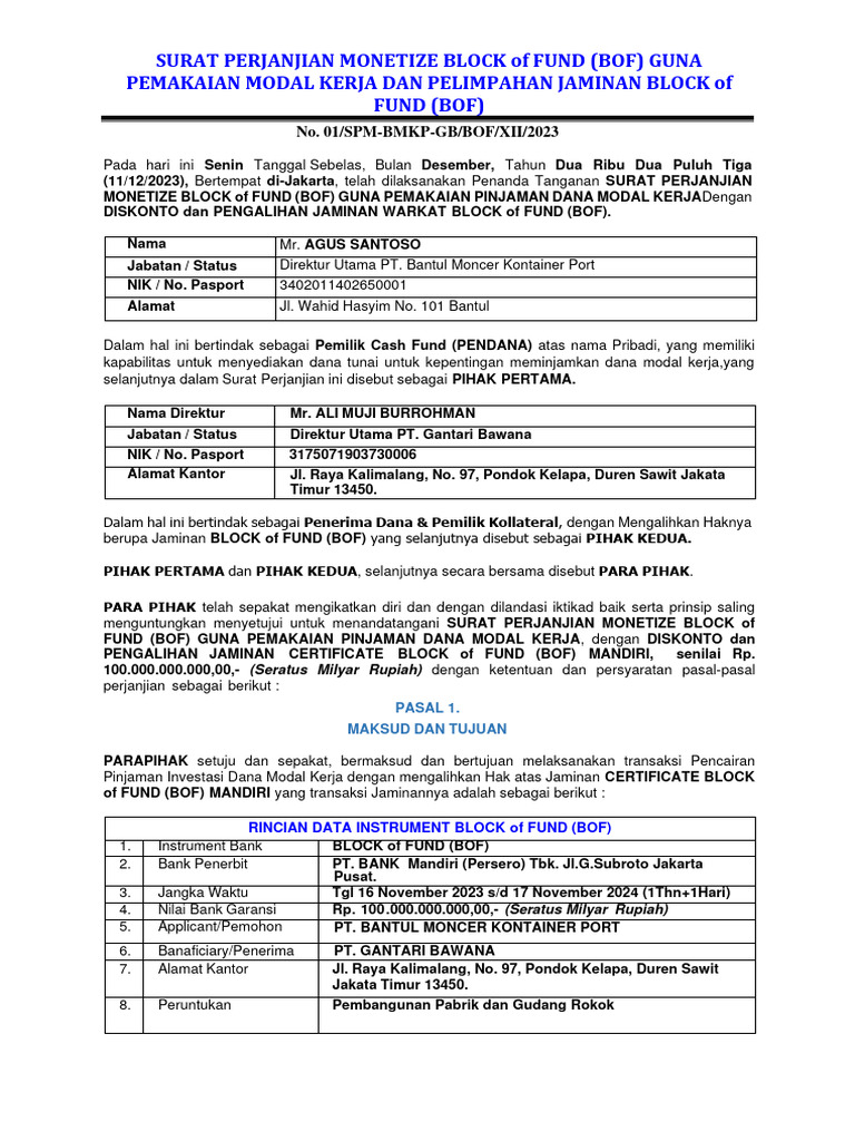 Draft Perjanjian Monetize Bof 1T | PDF