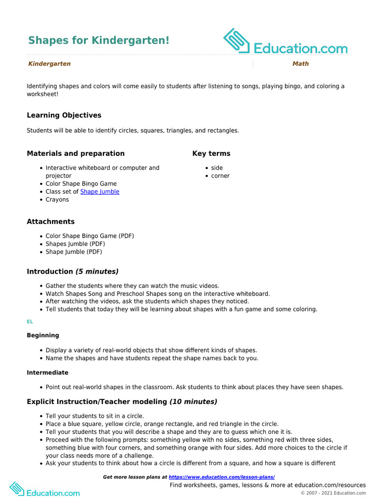 Lesson Plan _Shapes for Kindergarten | Download Free PDF | Shape ...