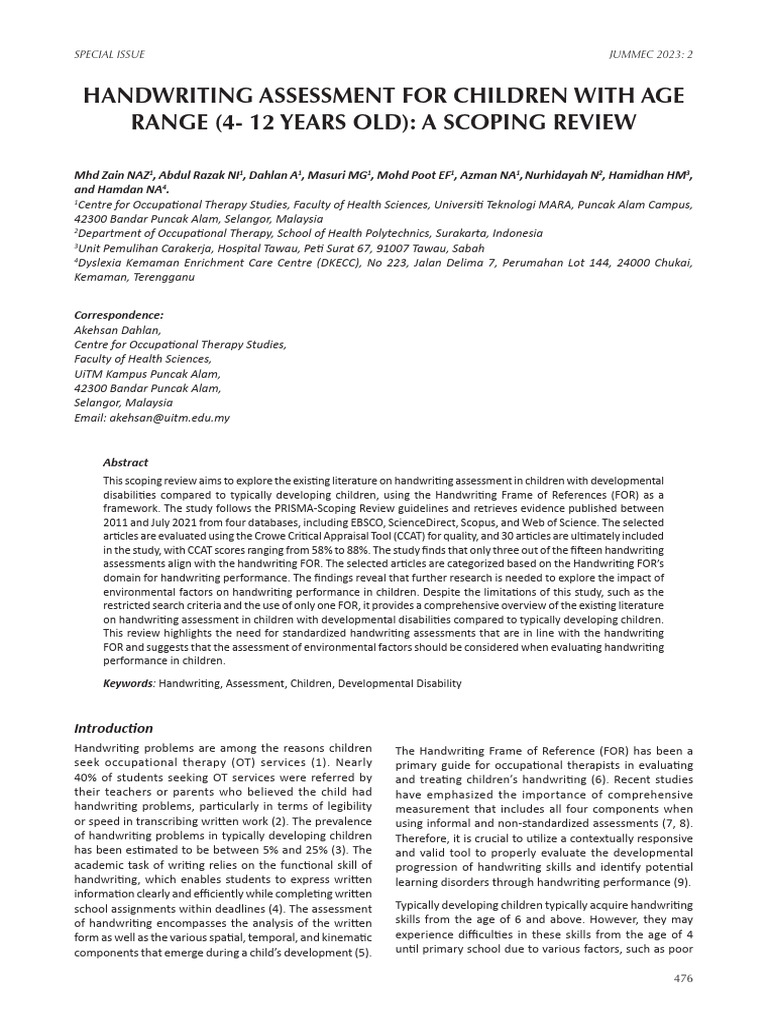 Handwriting Assessment For Children With Age Range (4-12 Years Old) : A ...