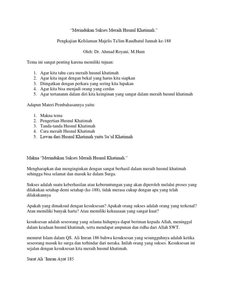 Merindukan Sukses Meraih Husnul Khatimah - 02 Agustus 2023 - Majlis Ta ...