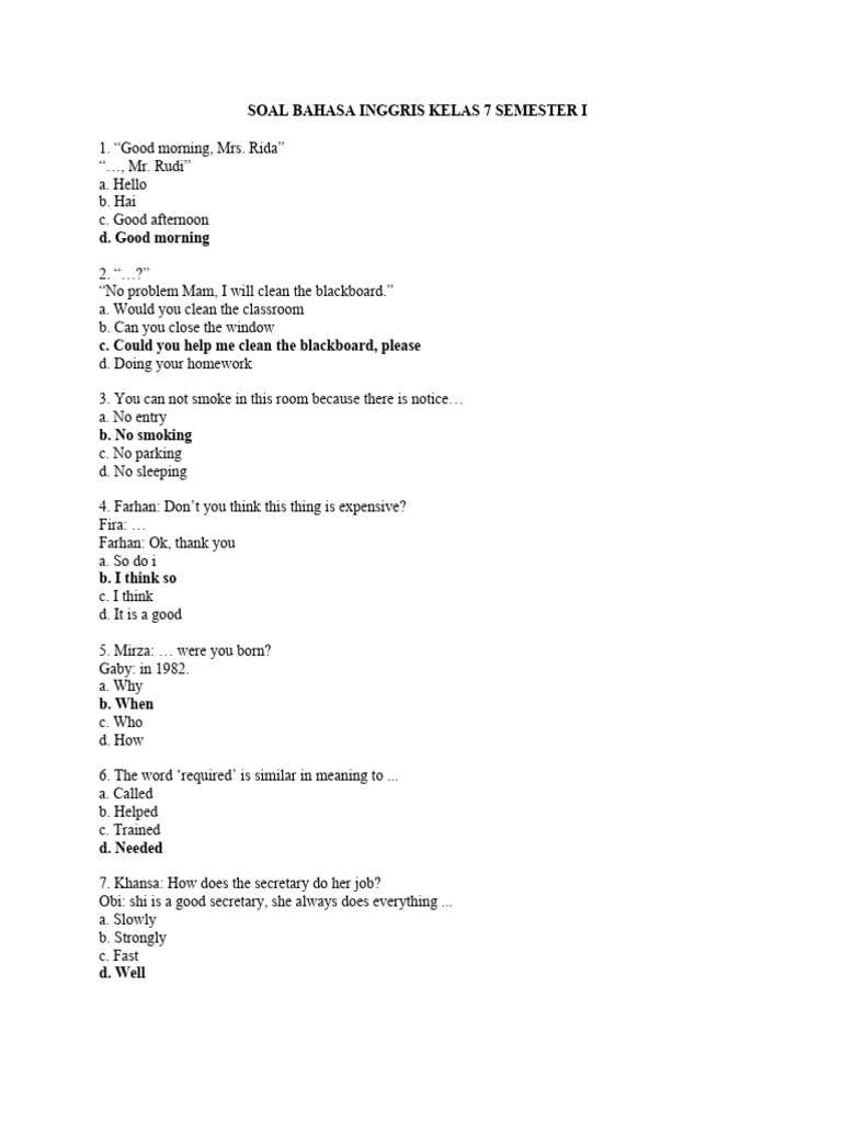 Soal Bahasa Inggris Kelas 7 Semester Ii Syamsinar | PDF