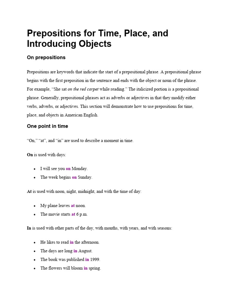 Prepositions For Time and Place | PDF | Adverb | Preposition And ...