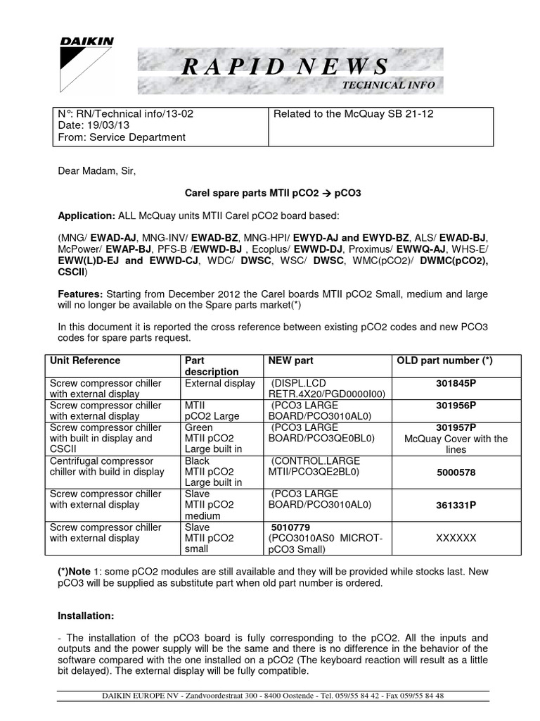 Carel pCO2 to pCO3 Spare Parts Update | PDF | Bios | Computing
