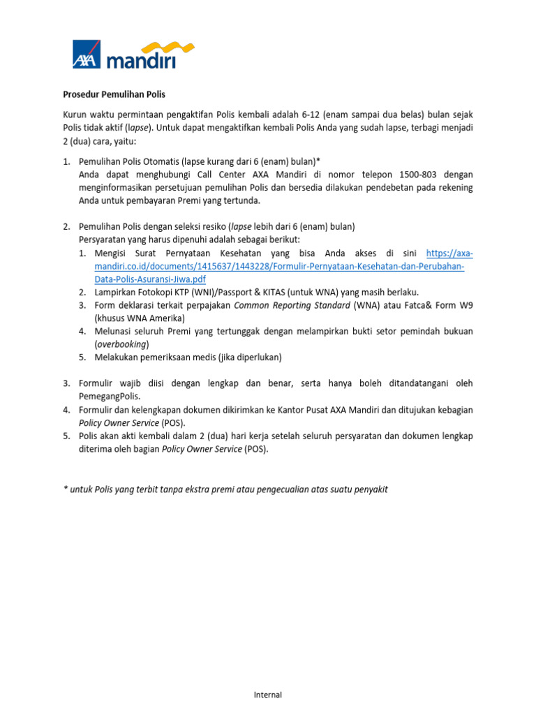 Prosedur Pemulihan Polis AXA Mandiri | PDF