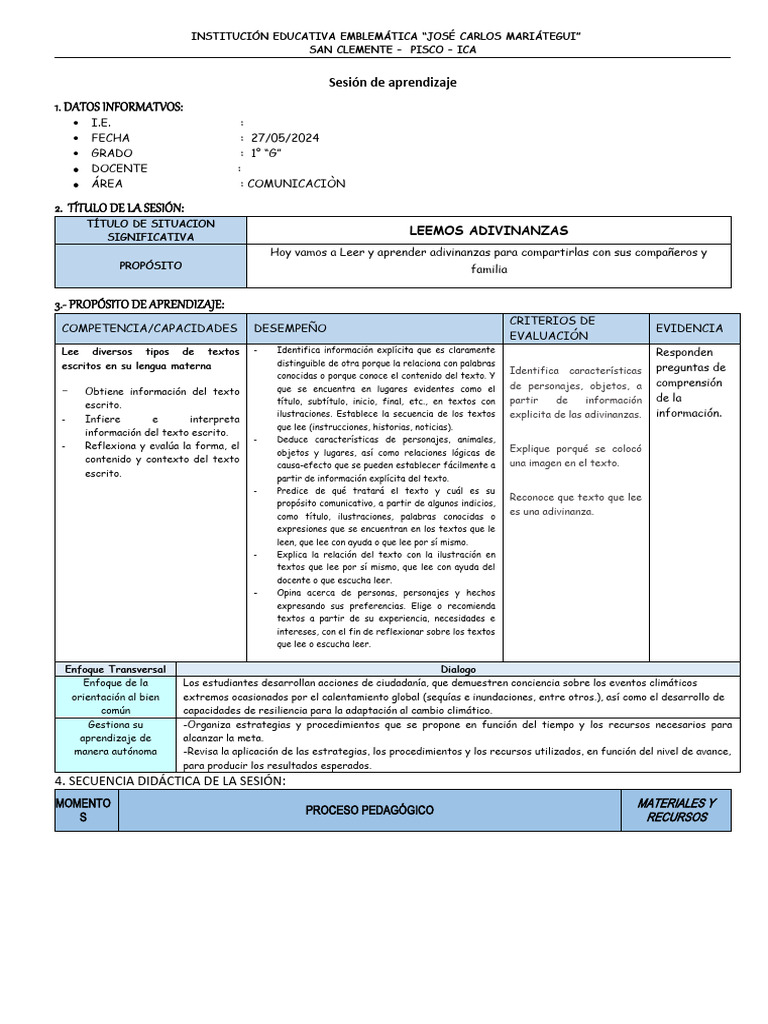SESION COM Leemos Adivinanzas | PDF | Aprendizaje | Información