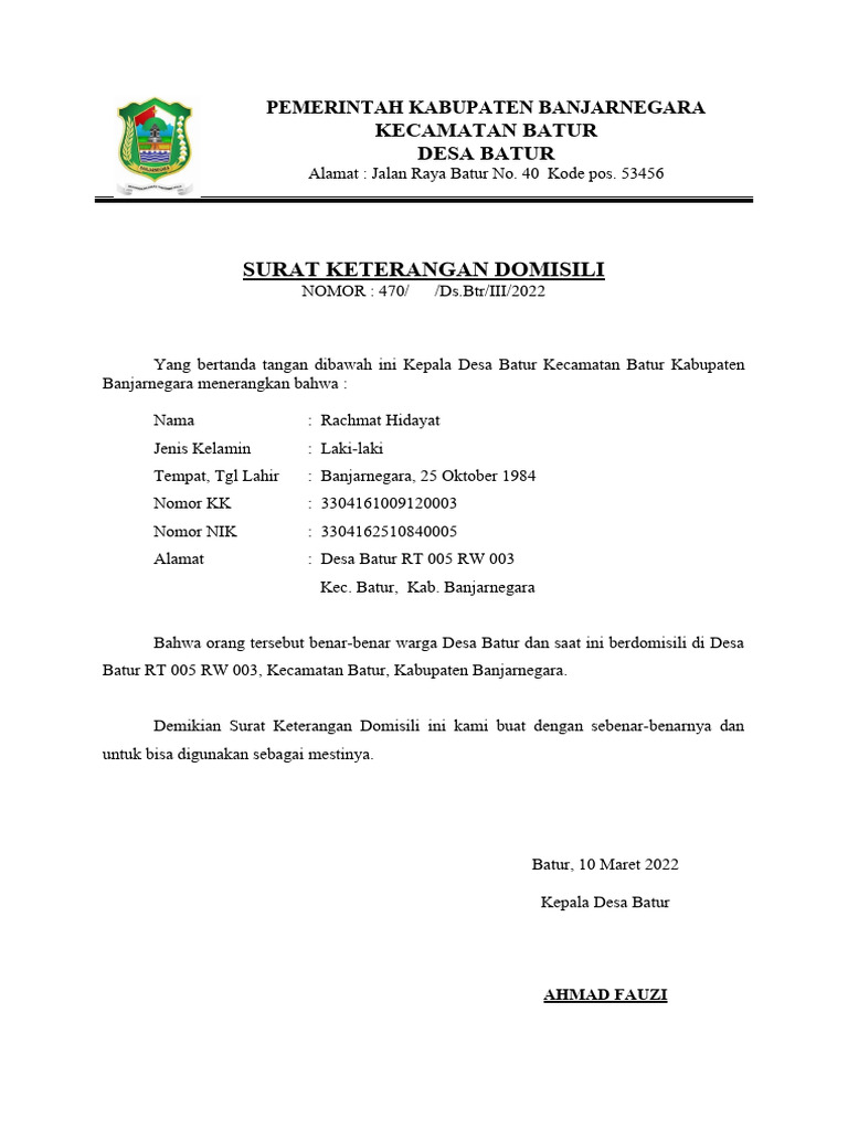 Surat Domisili Desa Batur Banjarnegara | PDF