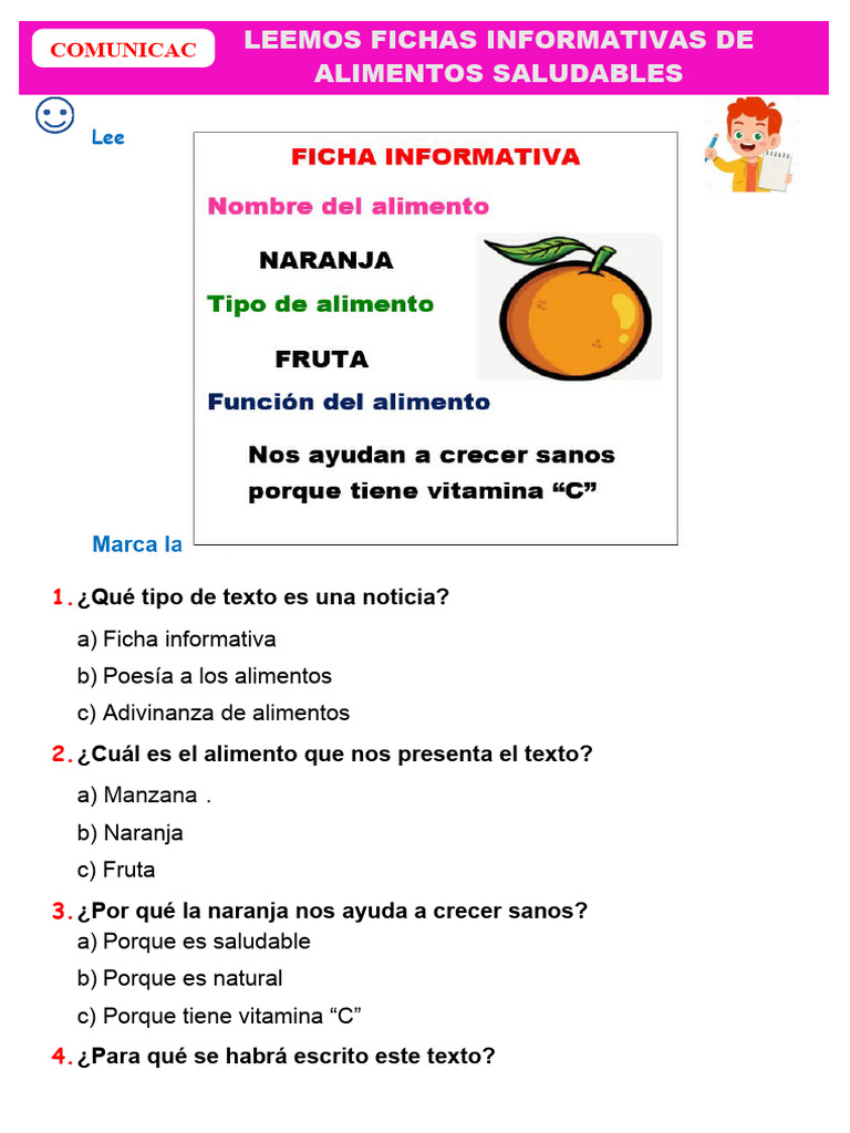 D1 A1 Ficha Com. Leemos Fichas Informativas de Alimentos Saludables | PDF