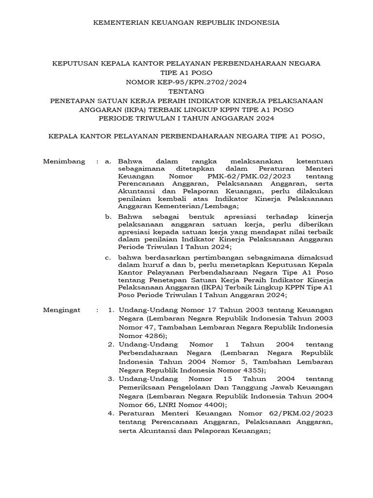 Penetapan Satuan Kerja Peraih Indikator Kinerja Pelaksanaan Anggaran