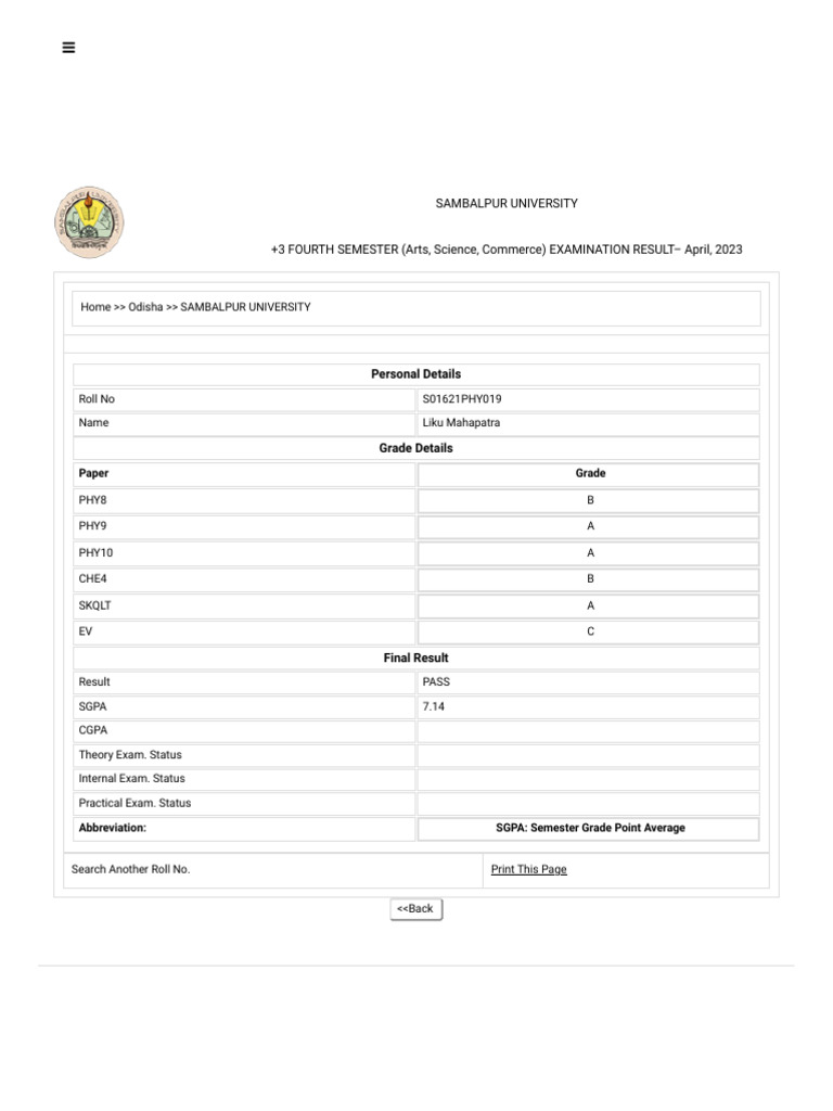 Sambalpur University 4th Sem Results 2023 | PDF