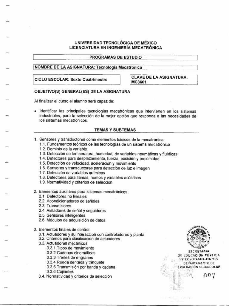 Temario Tecnología Mecatrónica | PDF