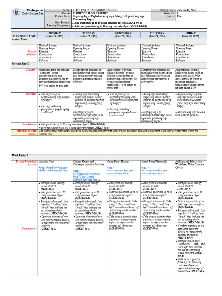 Kindergarten DLL MELC Q4 Week 9 Asf | PDF | Learning | Teachers
