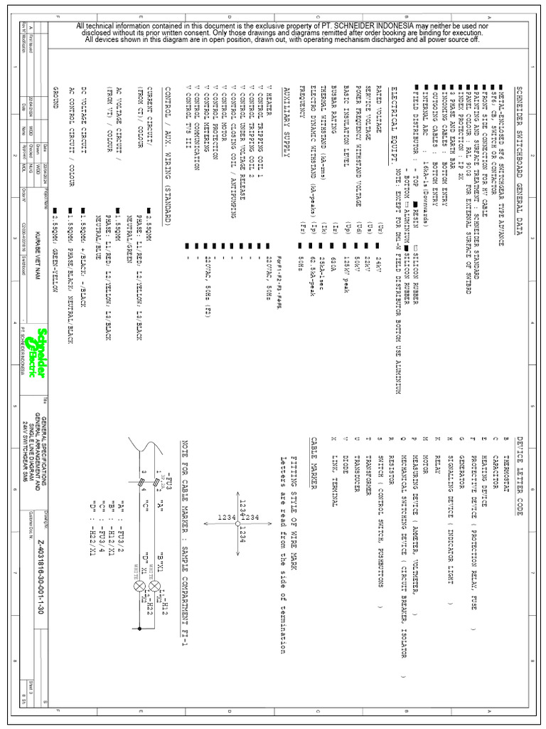 22kV SM6 Switchgear Single Line Diagram | PDF | Switch | Relay