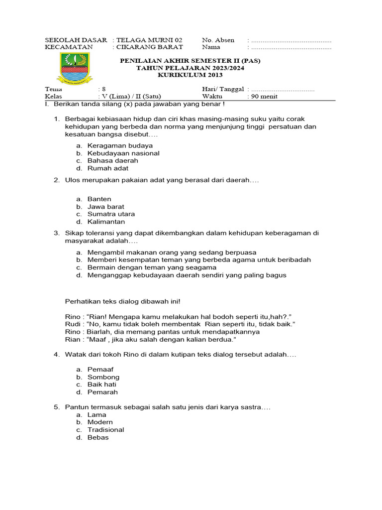 Soal Pas Tema 8 KLS 5 SMT 2 | PDF