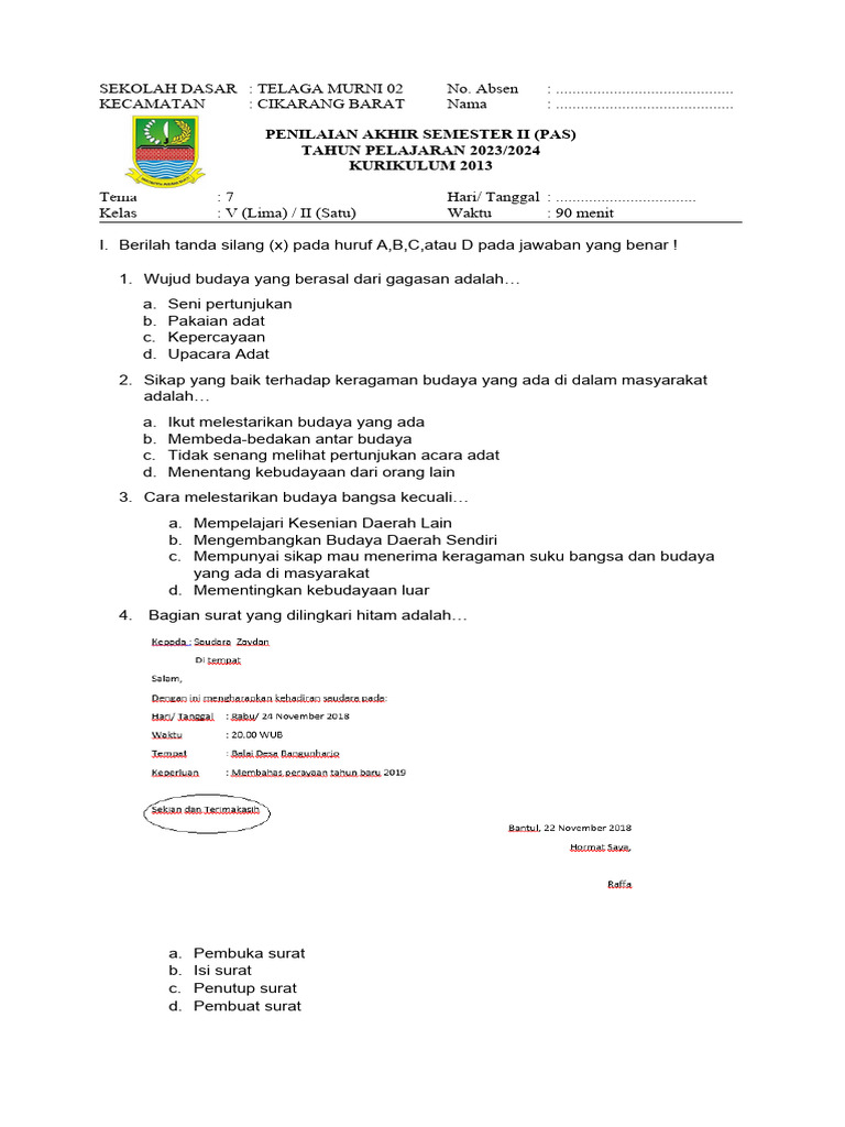 Soal Pas Tema 7 KLS 5 SMT 2 | PDF | Ilmu Sosial