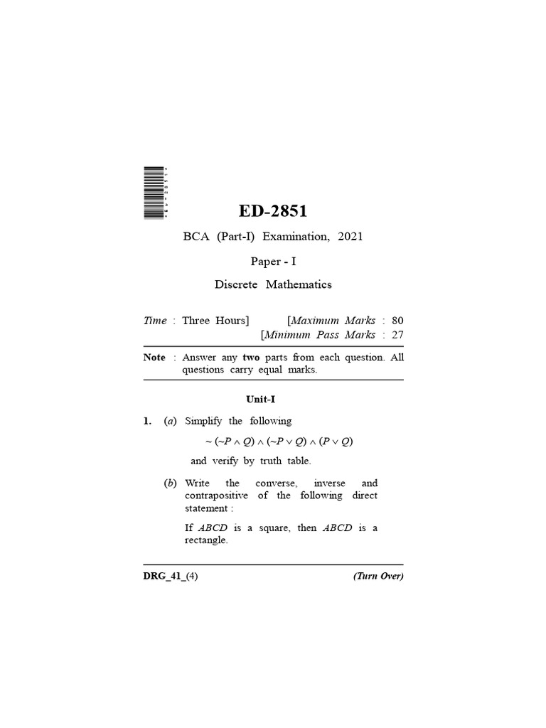 Bca Part 1 Discrete Mathematics Ed 2851 2021 | PDF | Boolean Algebra | Teaching Mathematics