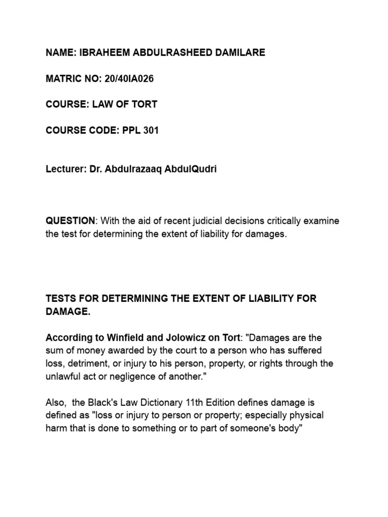 Law of Tort Assignment | PDF | Tort | Damages