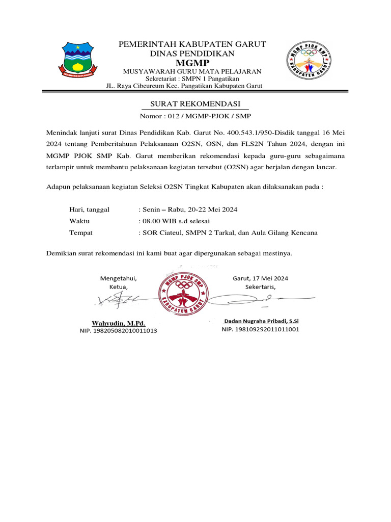 Surat Rekomendasi Kepanitiaan O2sn 2024 | PDF