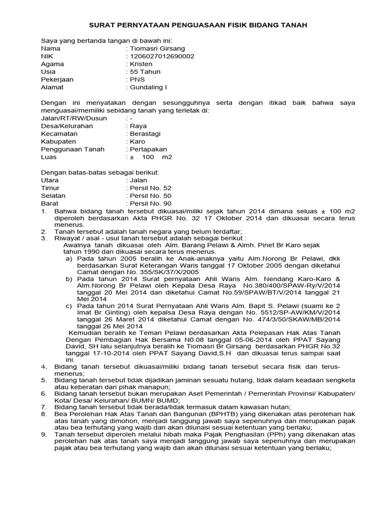 Surat Pernyataan Penguasaan Fisik Bidang Tanah | PDF