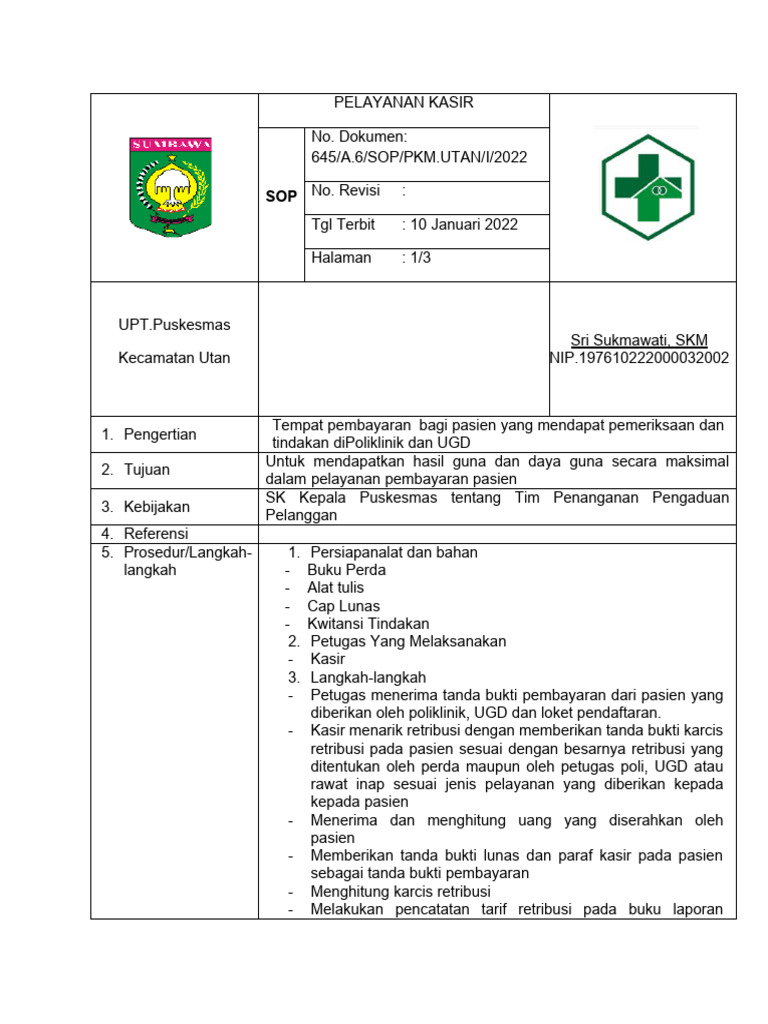 Sop Kasir | PDF | Pengelolaan Keuangan & Uang