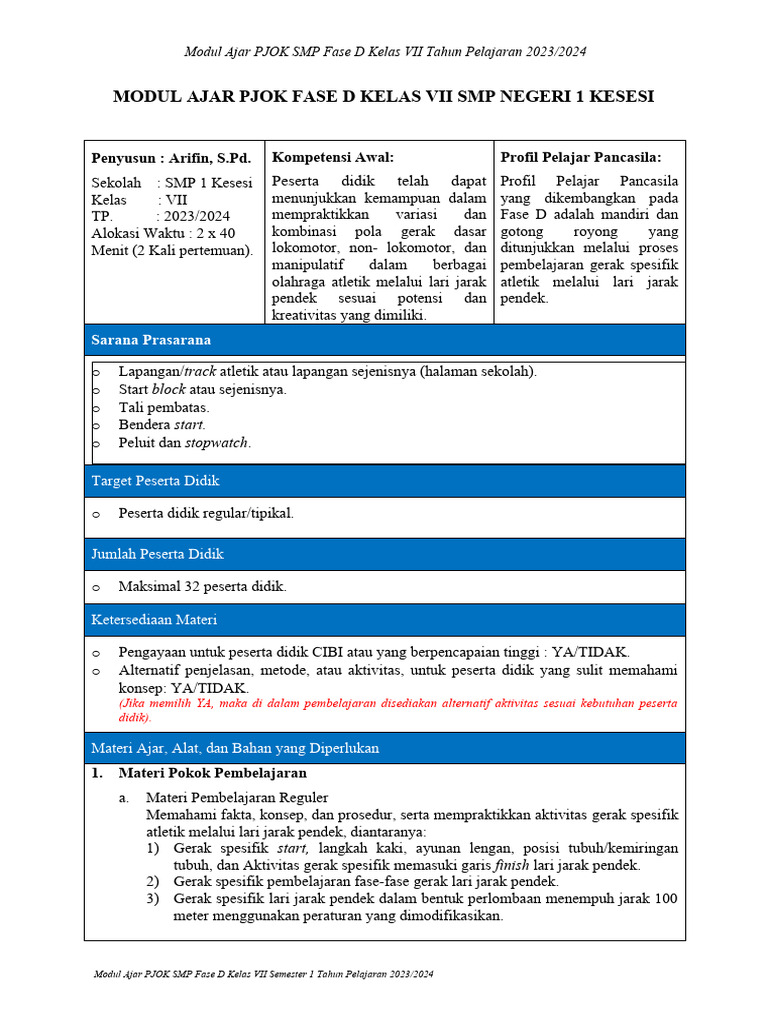 10.7 Modul Ajar Lari Jarak Pendek | PDF