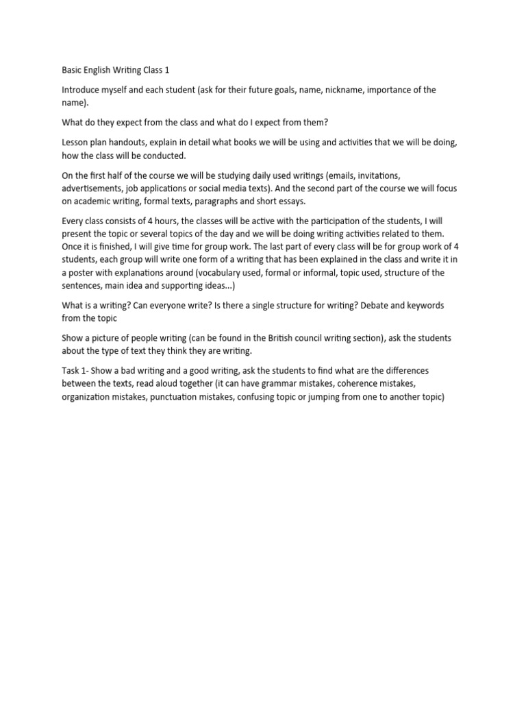 Basic English Writing Class Overview | PDF