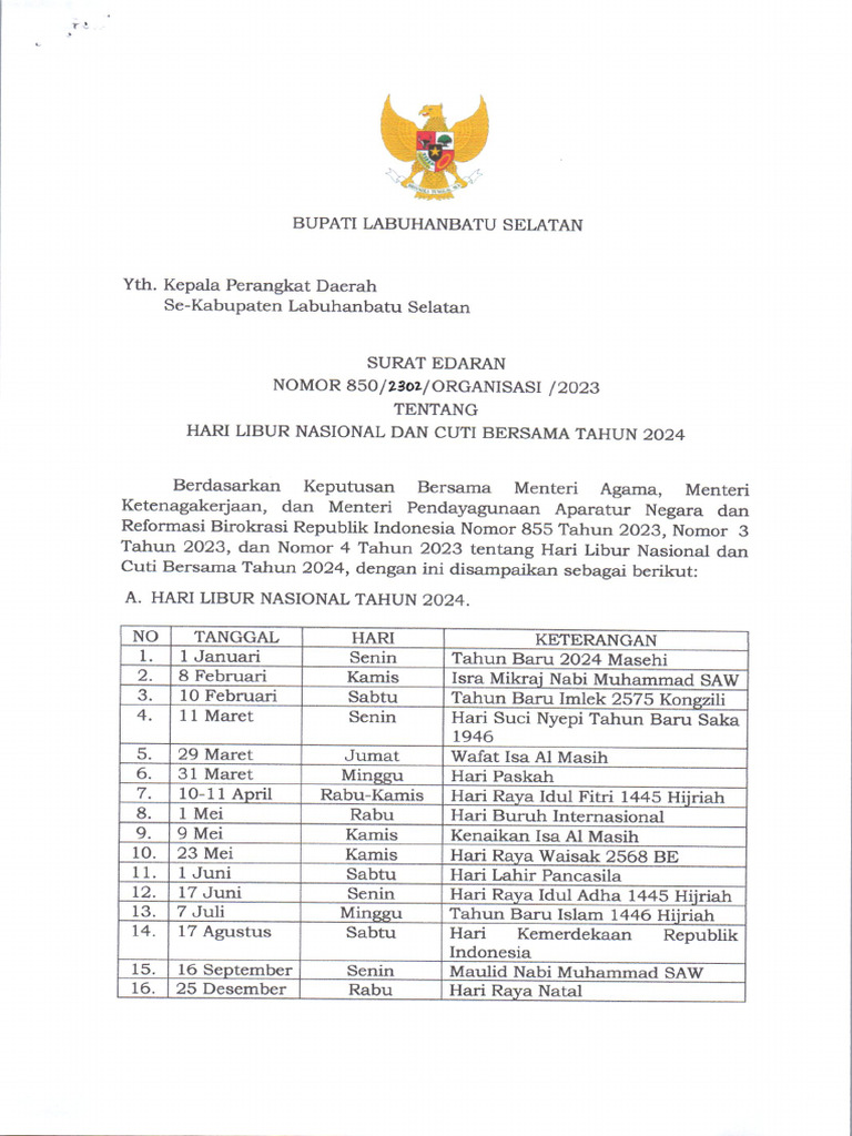 Surat Edaran Hari Libur Nasional Dan Cuti Bersama Tahun 2024 | PDF