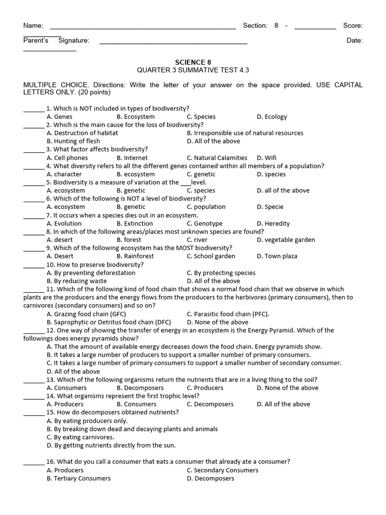 Science 8 Quarter 3 Biodiversity Test | PDF | Food Web | Earth Sciences