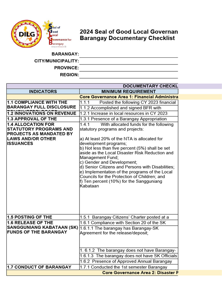 SGLGB 2024 Barangay Compliance Checklist | PDF