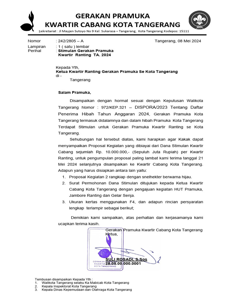 Surat Edaran Dana Stimulan Kwartir Ranting 2024 | PDF