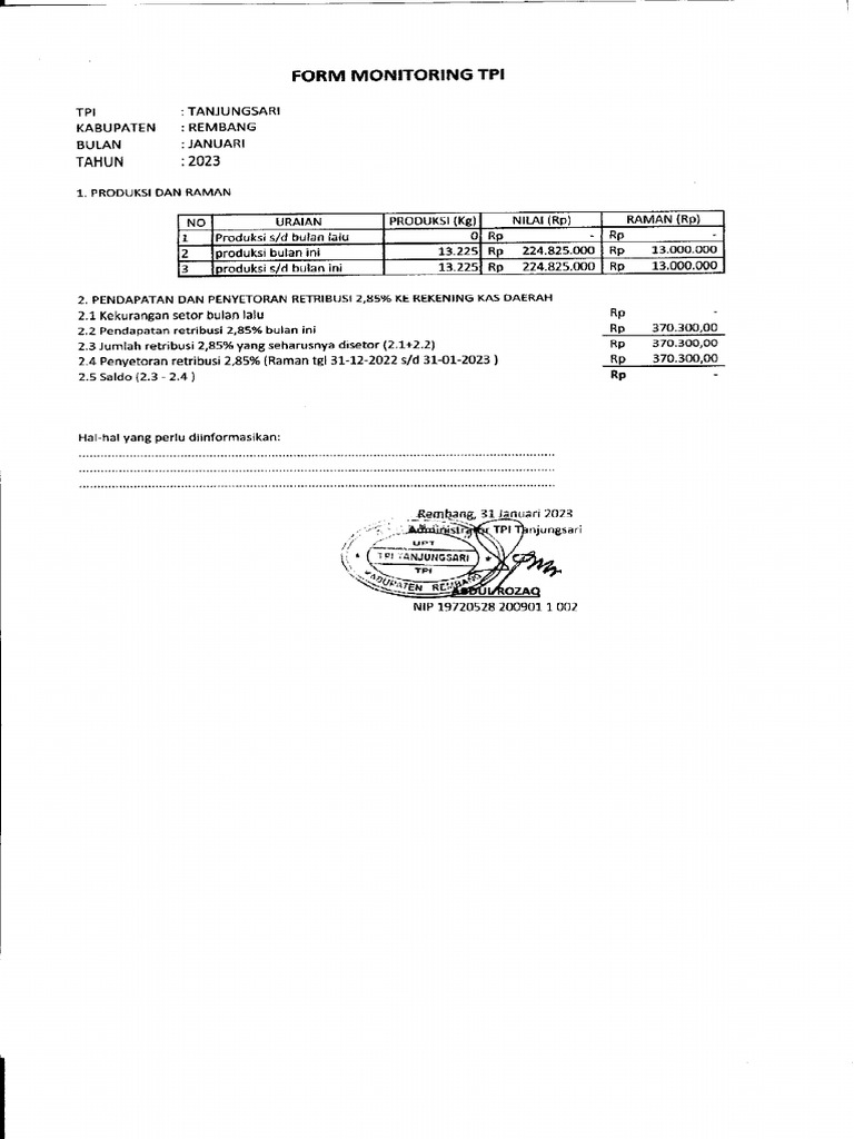 Form Monitoring Bulanan Raman Dan Produksi TPI Tanjungsari 2023 | PDF