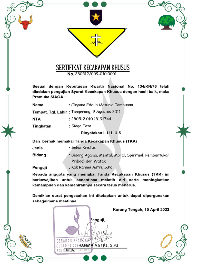 Sertifikat Pramuka Tkk Wajib Siaga Cleyona Marturia Edelin Tambunan | PDF