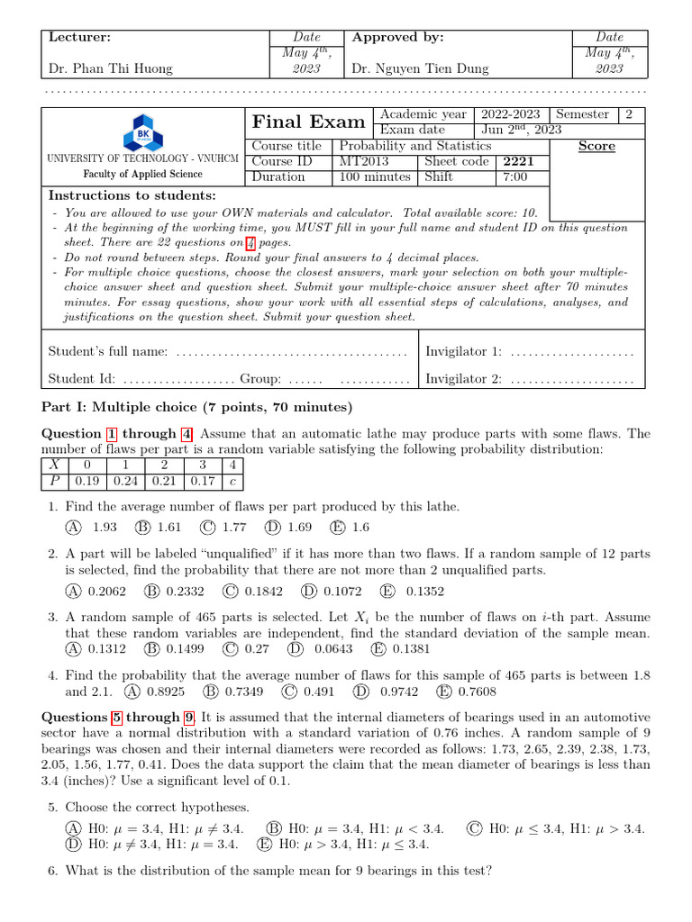 Prob-Stat - 222 Final - DUNG NGUYEN | PDF | Normal Distribution | Errors And Residuals