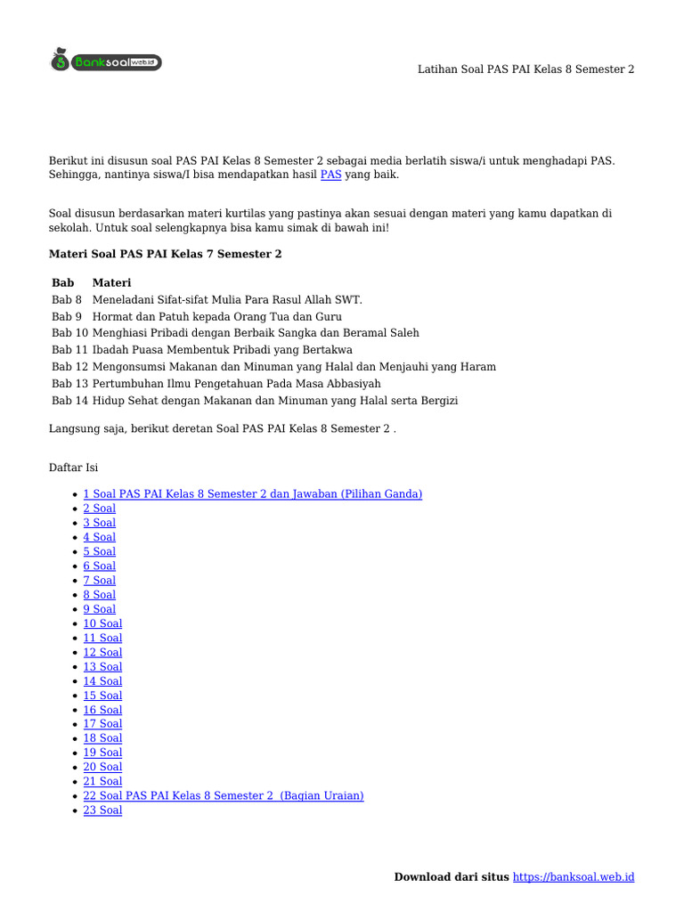 Latihan Soal PAS PAI Kelas 8 Semester 2 | PDF