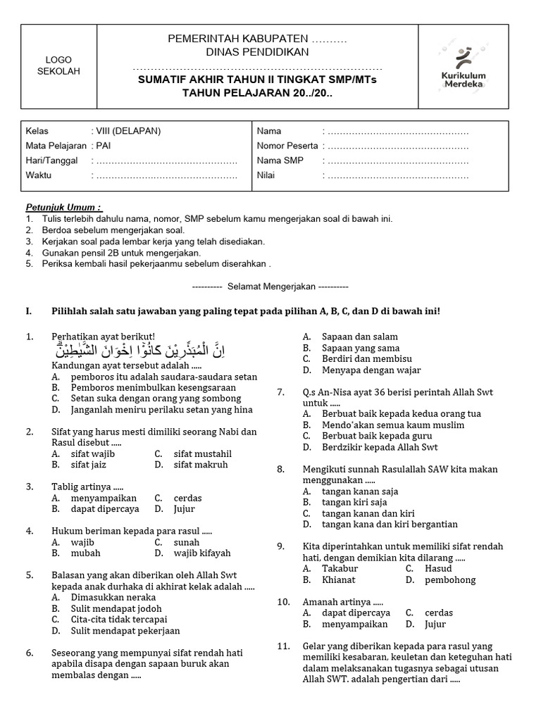 Ujian PAI Kelas VIII SMP Tahun Ajaran 20../20.. | PDF