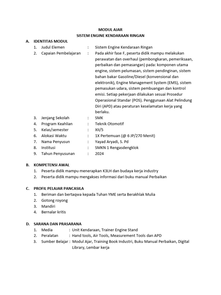 Modul Ajar Sistem Engine Kendaran Ringan Pdf