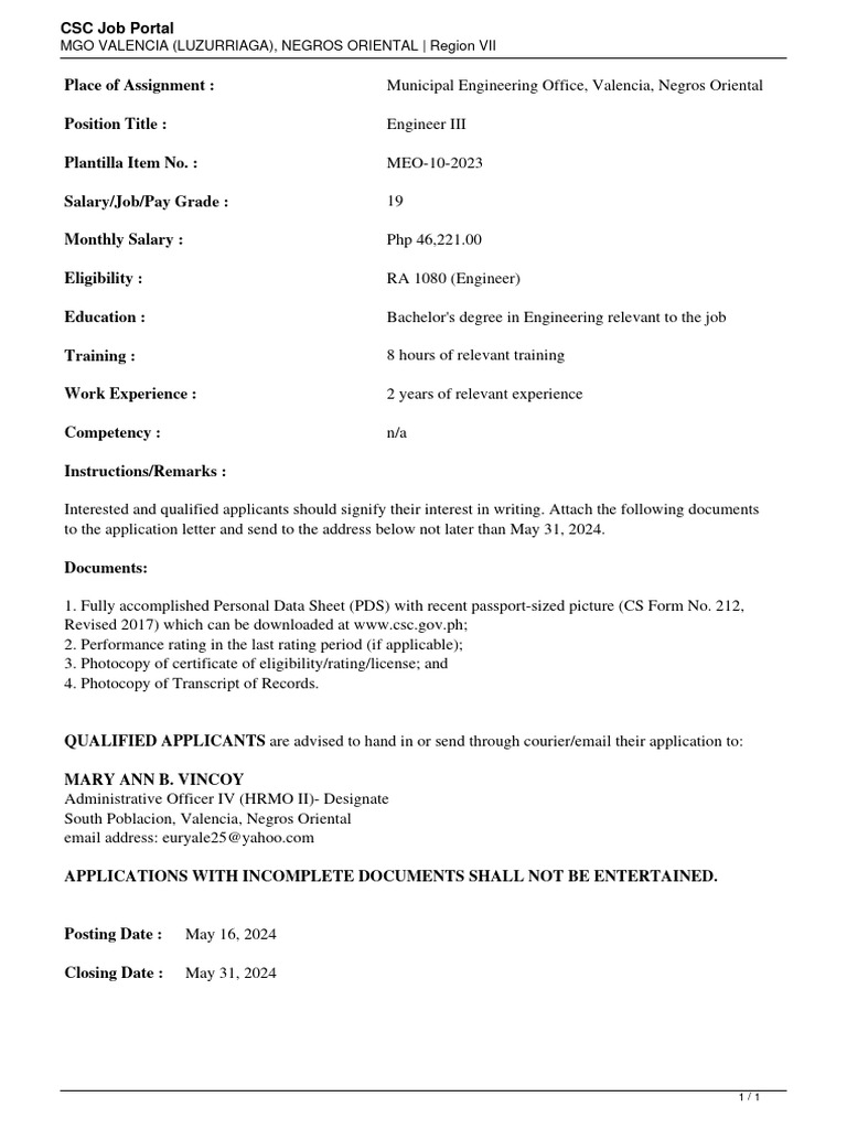 MGO VALENCIA LUZURRIAGA NEGROS ORIENTAL-Engineer III | PDF