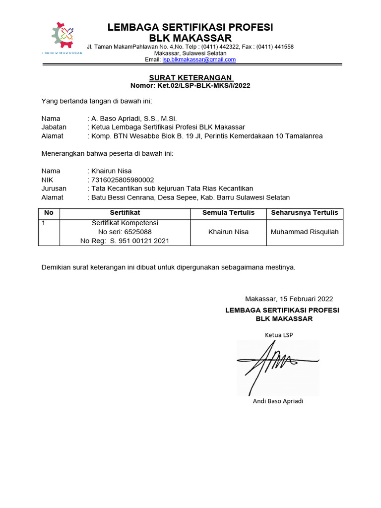 Surat Keterangan Ralat (Nama, DLL) 2022 | PDF