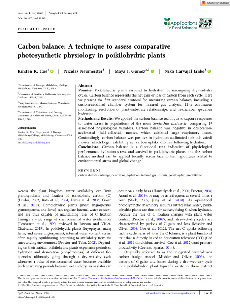 Carbon Balance in Poikilohydric Plants | PDF | Biology