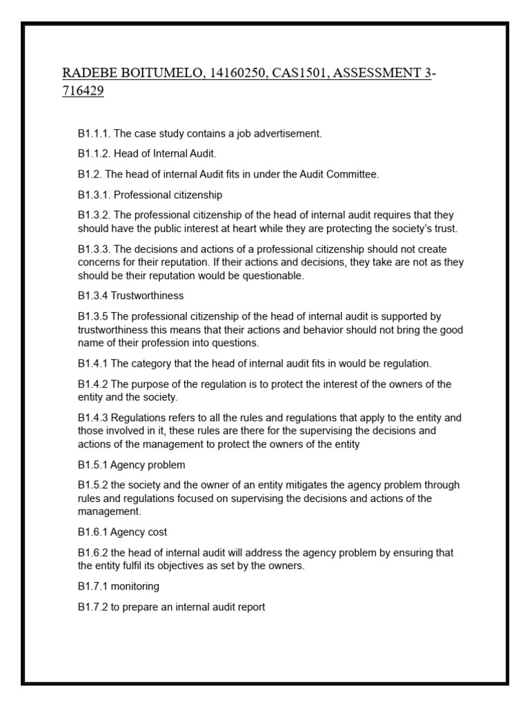 Radebe B, R. 14160250, Cas1501, Assessment3 | PDF | Internal Audit | Audit