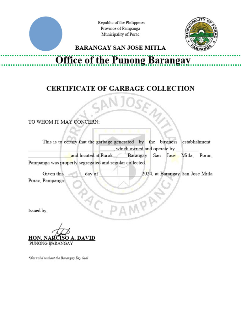 Certificate of Garbage Collection 2024 | PDF