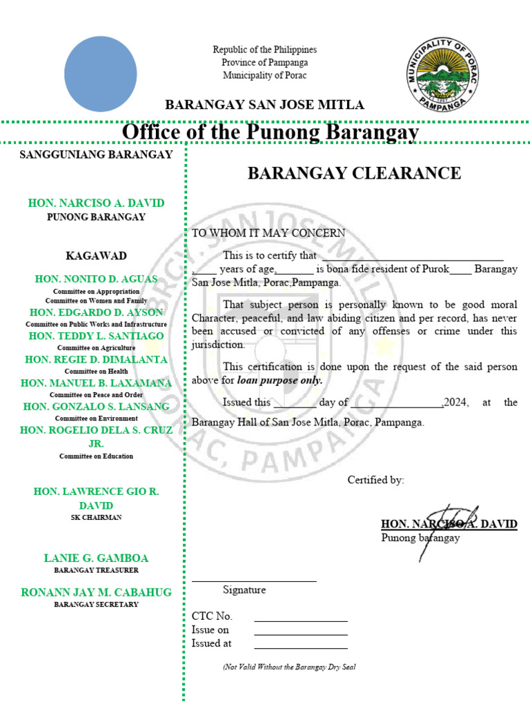 Barangay Clearance (Loan) | PDF | Government | Justice