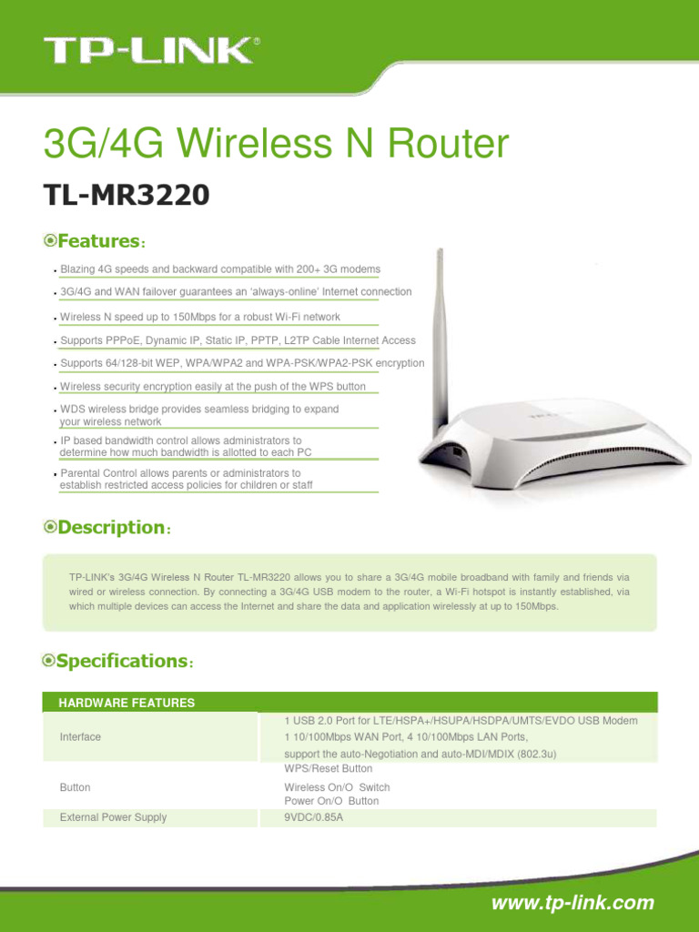 TL-MR3220 V2 Datasheet | Download Free PDF | Wi Fi | 4 G