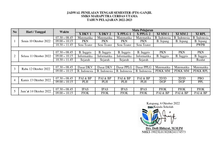 Jadwal PTS Ganjil 2022-2023 Final | PDF