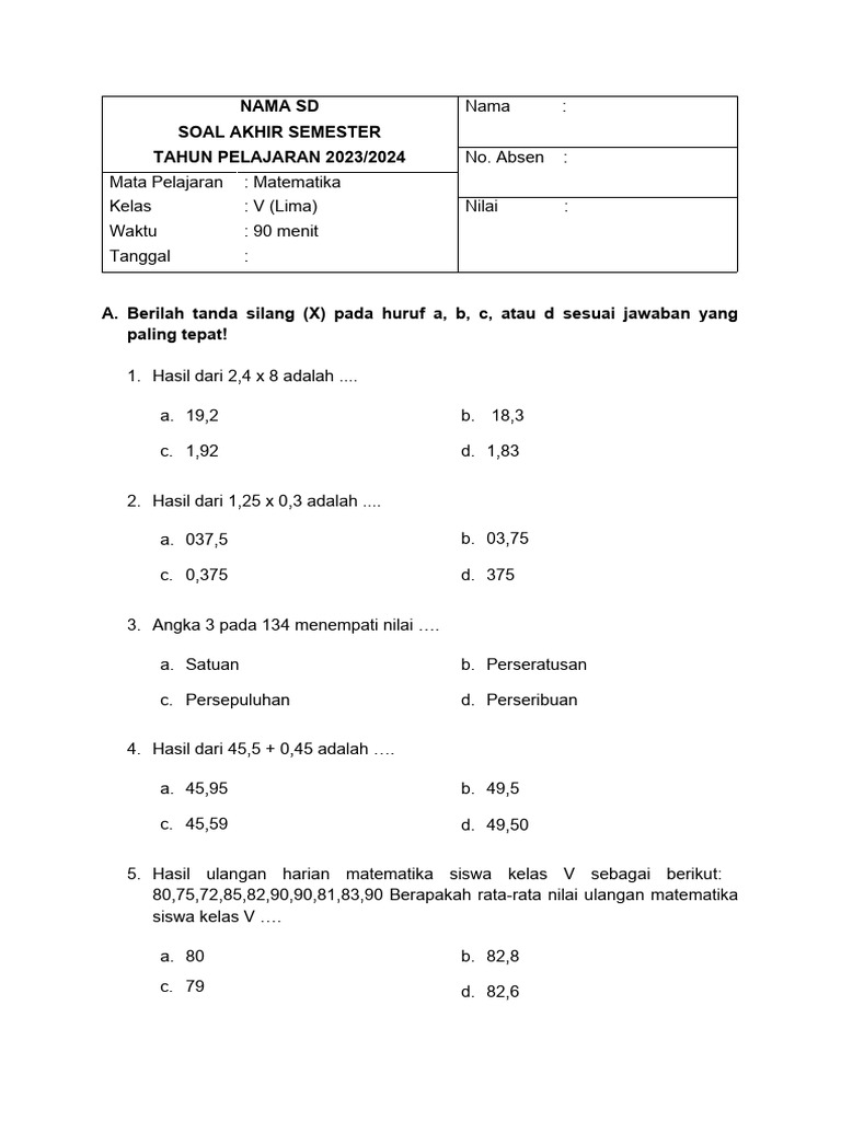Soal Semester Ganjil Matematika Kelas 5 | PDF