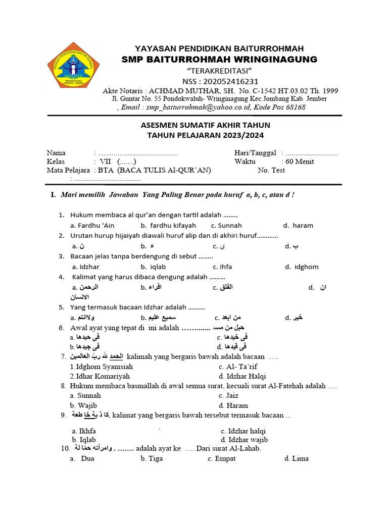 Soal BTA Kls 7. Smt. 2 2024 | PDF